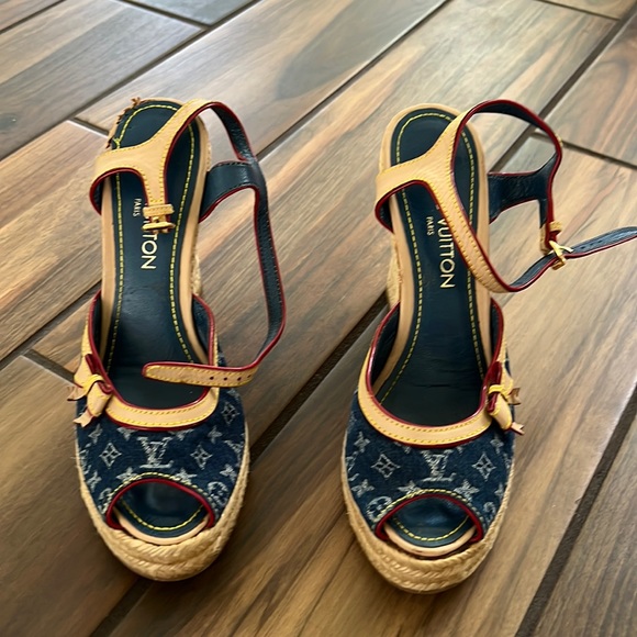 Louis Vuitton | Shoes | Vintage Louis Vuitton Denim Wedges | Poshmark